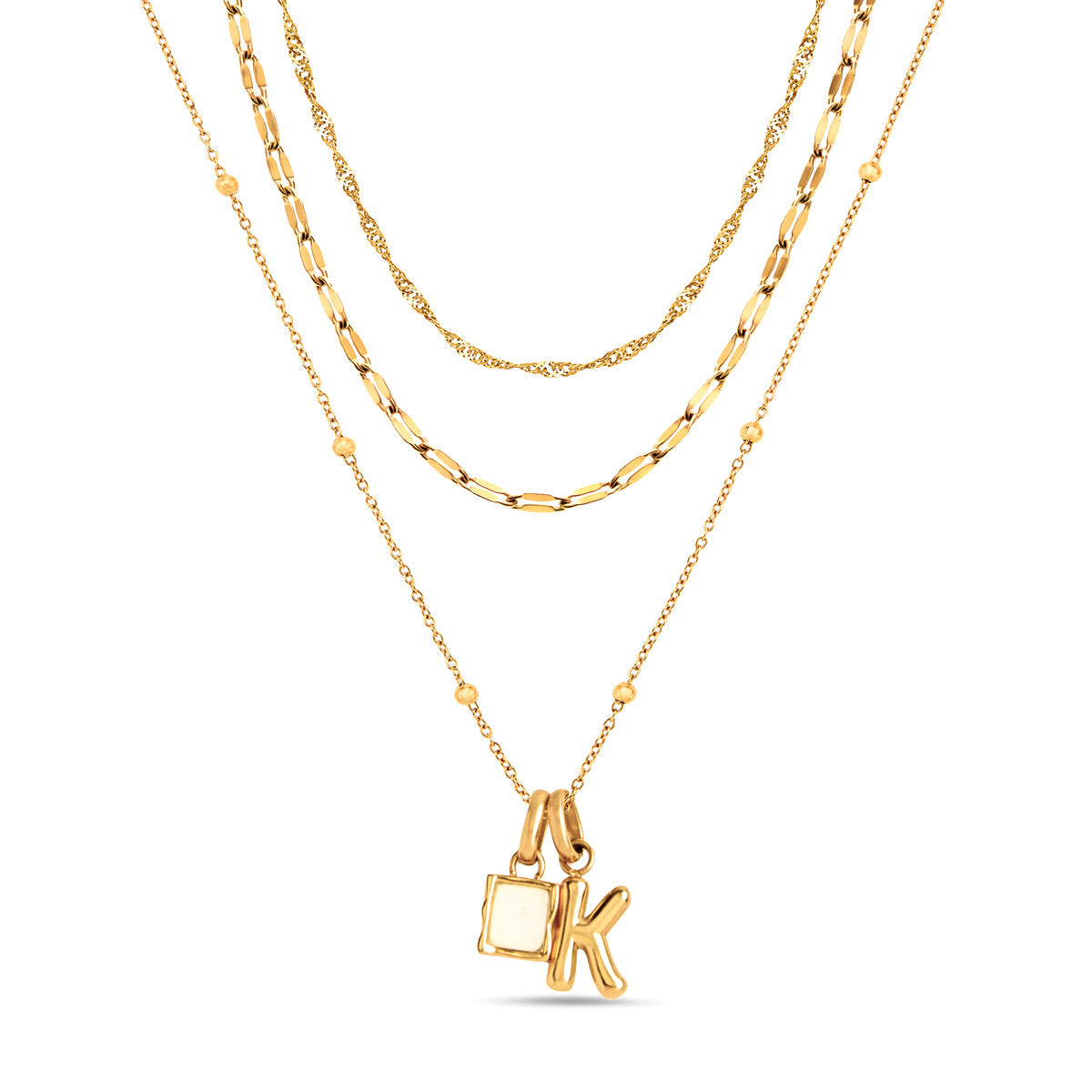 Mini Molten Initial & Moonstone Charm Layered Necklace Set (Gold ...