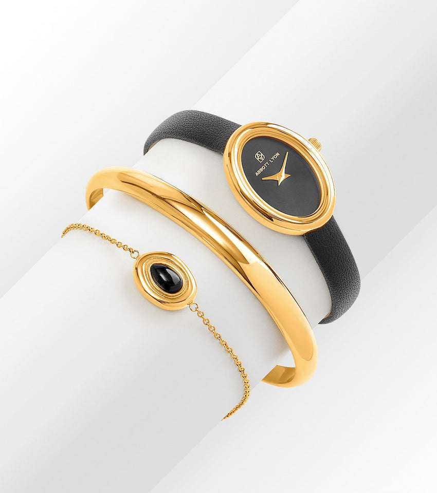 Monroe Leather Watch & Onyx Bracelet Set (Black/Gold) – Abbott Lyon